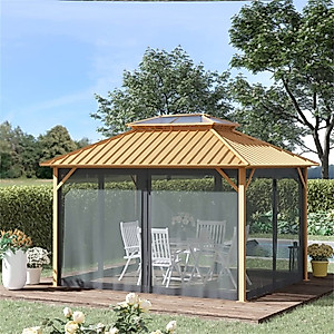 MGWYE 12' x 10' Hardtop Gazebo Steel Canopy Outdoor Pergola with Aluminum Frame and Netting for Patios, Gardens, Lawns