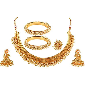 Efulgenz Indian Jewelry Sets for Women Gold Tone Pearl Choker Necklace Indian Bollywood Faux Pearl Beads Bridal Choker Necklace Earrings Bracelet Bangles Ring Jewelry Set