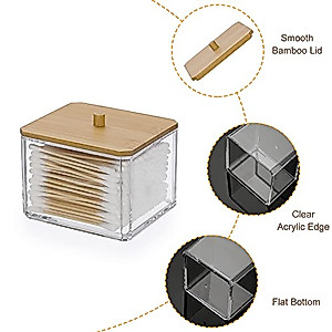 Hipiwe Acrylic Q-Tip Holder Dispenser with Lid Clear Plastic Bathroom Canisters Square Apothecary Jar Set Cotton Swab and Ball Storage Organizer for Cotton Round Pads, Floss