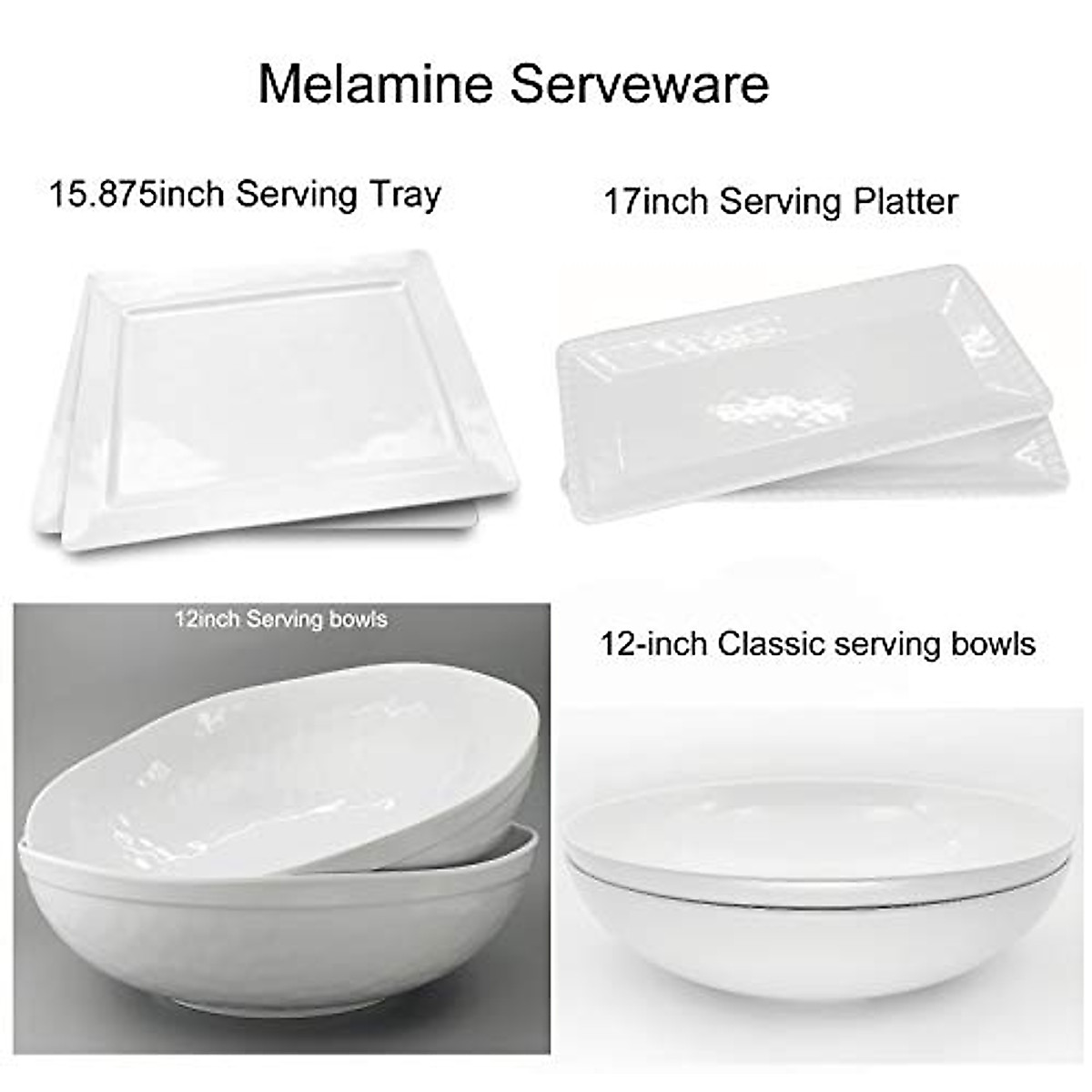 KX-WARE 17-Inch Melamine Serving Tray/Platters Set of 2, White & Rectangular | 100% Melamine,Dishwasher Safe,BPA Free