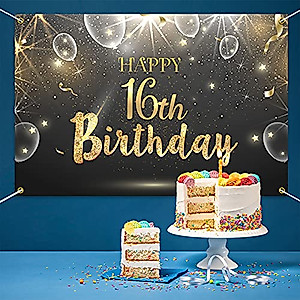 HAMIGAR 6x4ft Happy 16th Birthday Giltter Shinning Banner Backdrop - 16 Years Old Birthday Decorations Party Supplies for Girls Boys - Black Gold