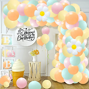 Pink，Yellow, Green, Orange Balloons Garland 12inch 10inch 5inch Pastel Balloons with Daisy Foil Balloons for Sunflower Daisy Birthday Wedding Bridal Shower Baby Shower Bachelorette Party