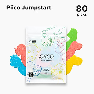 Piico Unflavored Kids Floss - No Fluoride Dual Line Dental Floss Picks - Fun Oral Care in Colorful Floss Sticks Design - Kids Flossers Avoid Tooth Decay & Gum Disease - 80 Count Dino