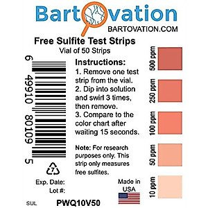 Free Sulfite Test Strips, 10-500 ppm [Vial of 50 Plastic Strips]