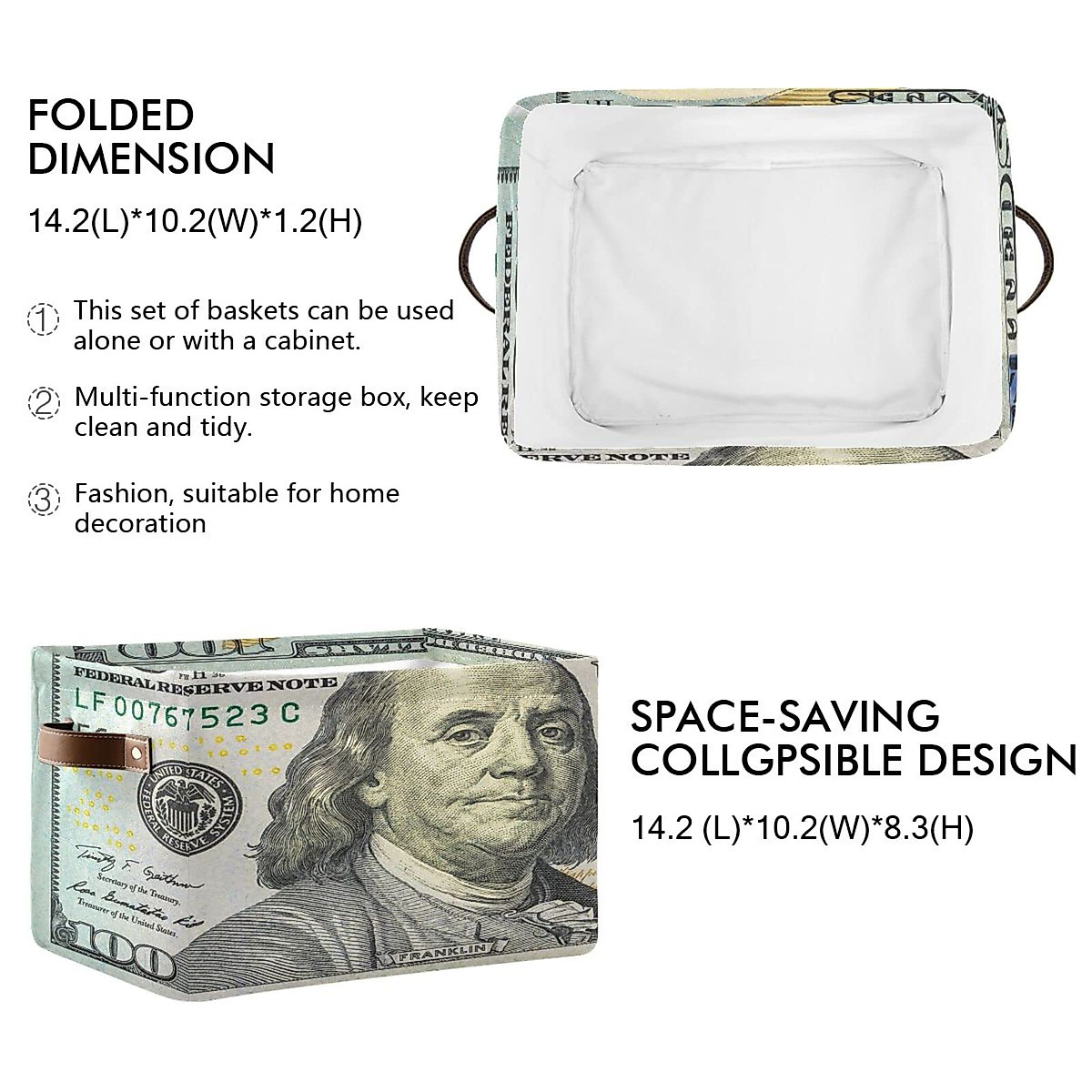 Large Foldable Storage Basket 100 Dollar Bill Printed Storage Bin Canvas Toys Box Fabric Decorative Collapsible Organizer Bag with Handles for Bedroom Home