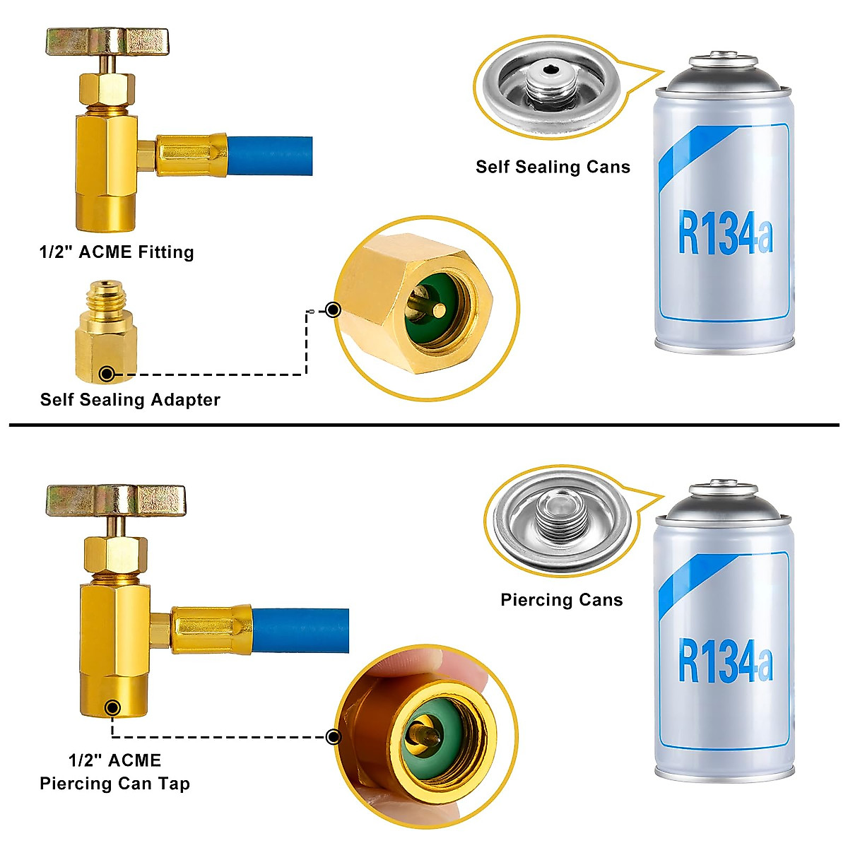 Belleone R134a Refrigerant Recharge Kit, AC Recharge Hose Kit with Gauge, R134a Freon Can Tap Recharging Hose with Detachable R134a Quick Coupler, R134a Self-Sealing Adapter for AC Refrigerant System