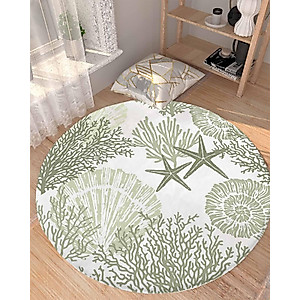Sage Green Shell Fluffy Round Area Rug Carpets 3.3ft, Plush Shaggy Carpet Soft Circular Rugs, Non-Slip Fuzzy Accent Floor Mat for Living Room Bedroom Nursery Ocean Nautical Starfish Abstract Geometric