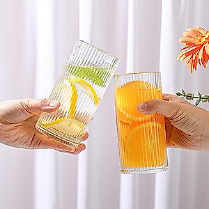 ZMOWIPDL Ribbed Glassware Vintage Drinking Glasses with Straws Set of 6,Clear Fluted Ripple Glass Cups 12.5oz,Ribbed Iced Coffee Cups for Cocktail, Whiskey, Beer, Juice, Water