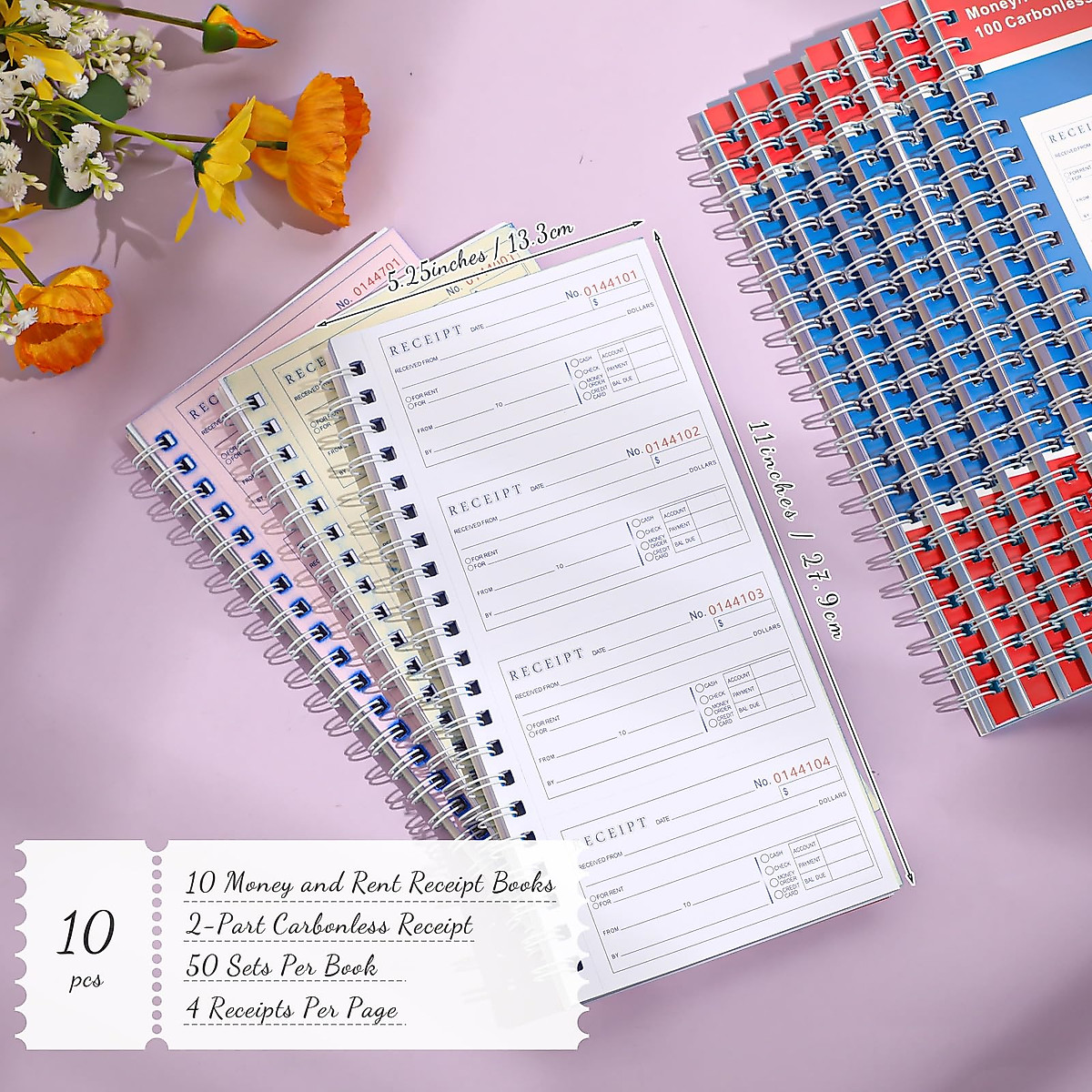 Crtiin 10 Books Money and Rent Receipt Book 3 Part Carbonless Receipt Book Spiral Bound Cover Receipt Log Book with Carbonless Copies 100 Sets Per Book 4 Receipts Per Page (5-1/4" x 11")