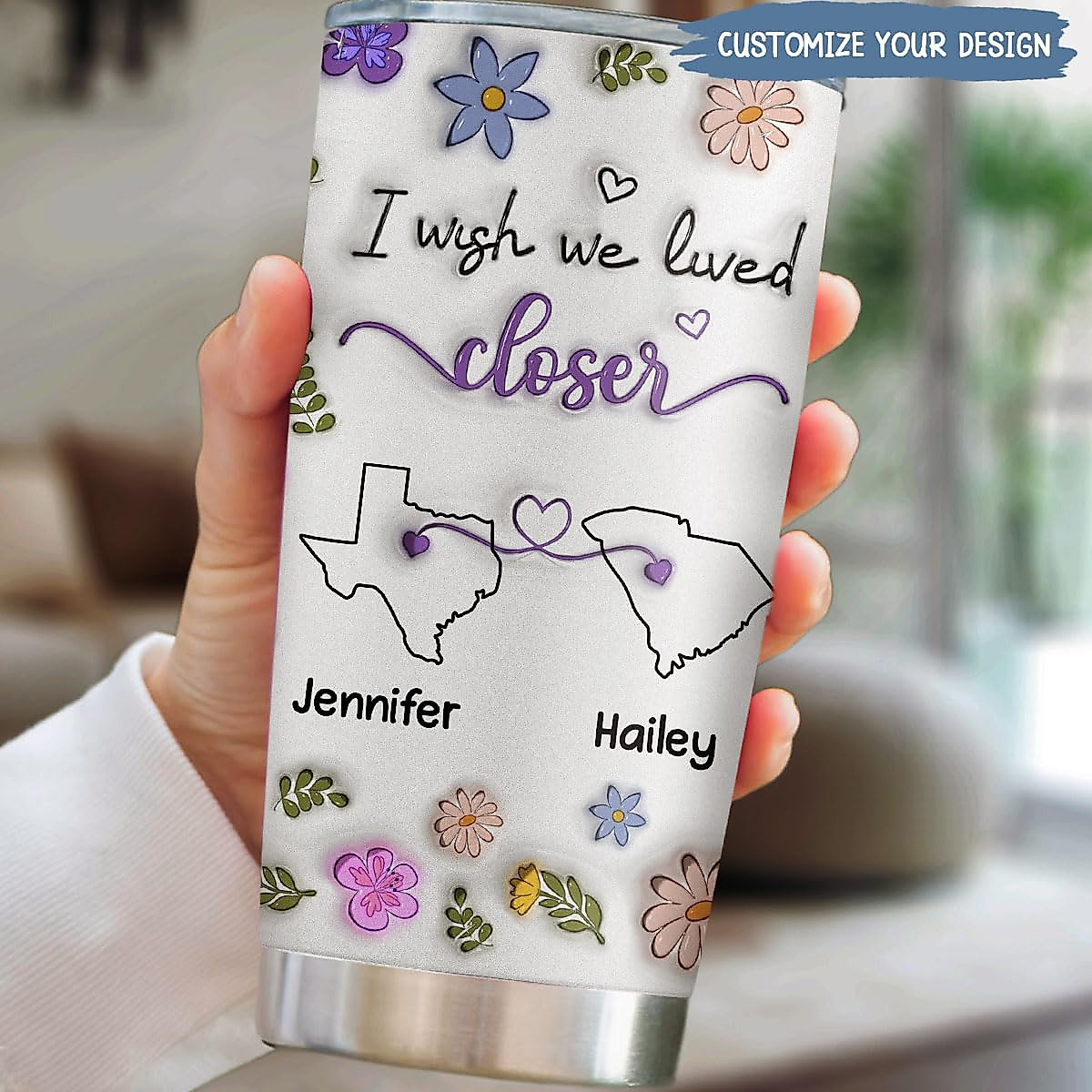 Wrappiness I Wish We Lived Closer Tumbler - Custom State Travel Cup 3D Inflated Effect 20Oz Stainless Steel Tumbler, Long Distance Relationship Friendship Gifts for Sister Best Friend Bestie (A01)