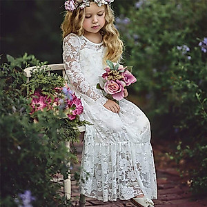 Toddler Flower Girl Fancy Ivory White Lace Boho Long Sleeve Full Length Slim Maxi Princess Dresses 4T
