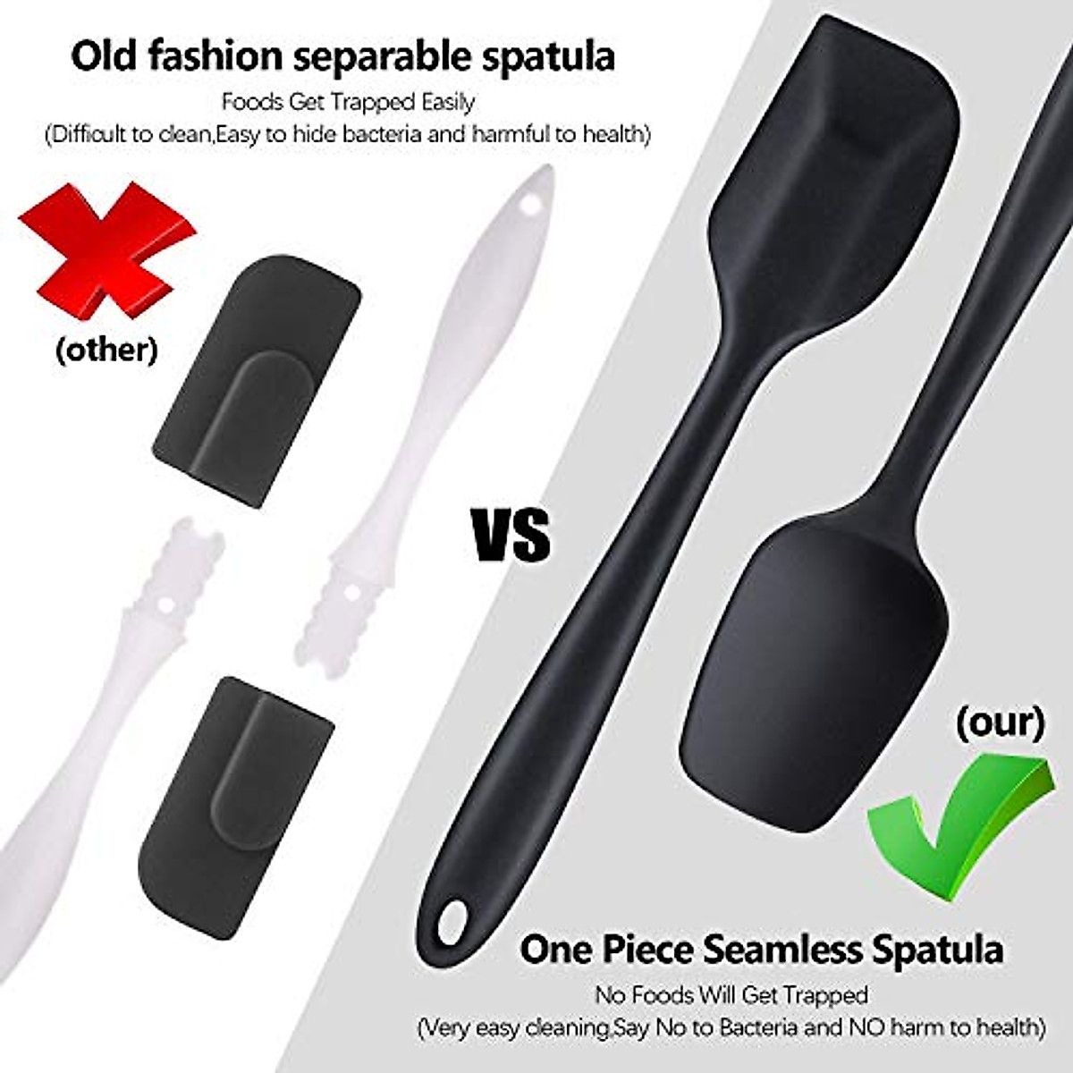 Spatulas Set of 6, Food Grade Silicone Spatulas, Rubber Spatulas Heat Resistant, Seamless One Piece Design, Stainless Steel Core, Kitchen Utensils Nonstick for for Cooking, Baking and Mixing (Black)