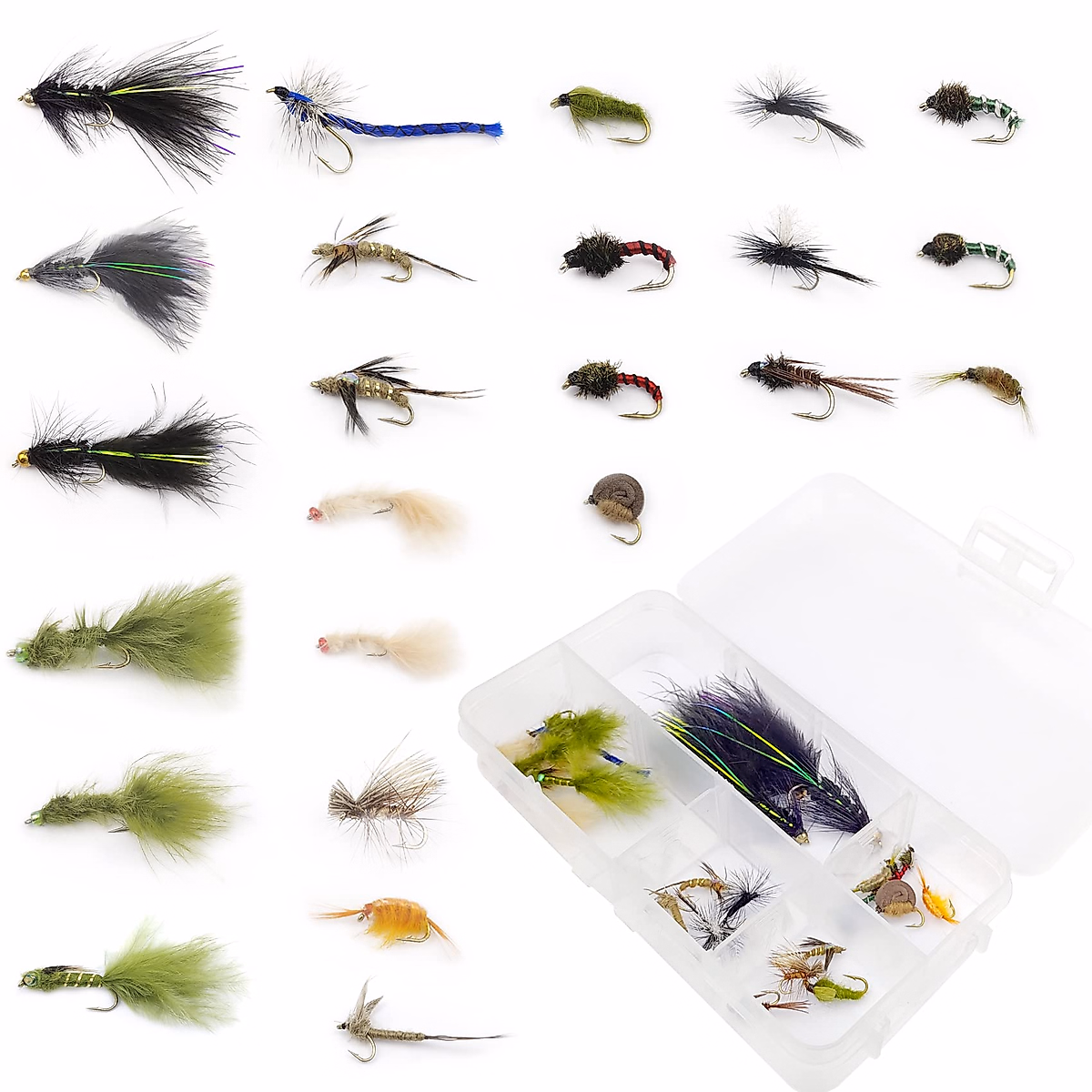 Fly Fishing Streamer Assortment Trout Handmade Fly Fishing Lures Streamer Saltwater Flies for Trout with Package Box. (24PC BA Stillwater&Lake Collection)