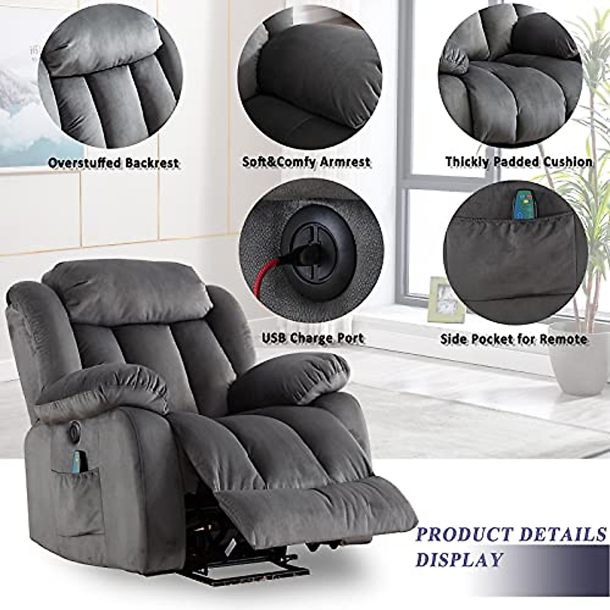 ANJ Electric Massage Power Lift Recliner Chair Sofa with Heat & Vibration for Elderly, Heavy Duty and Safety Motion Reclining Mechanism, Overstuffed Motorized Reclining Chairs with USB Port (Grey)