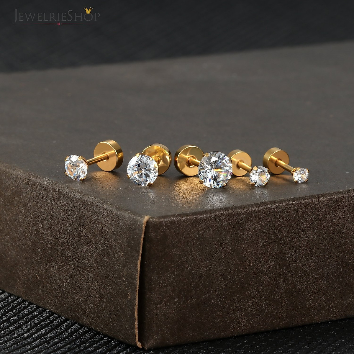 JewelrieShop Cartilage Tragus Earring Stainless Steel Stud Piercing Earring Flat Back Earrings Stud Flatback Screw Back Earrings for Women Men (16G, 6mm Bar Length, 3mm-7mm CZ, 5 Pairs)