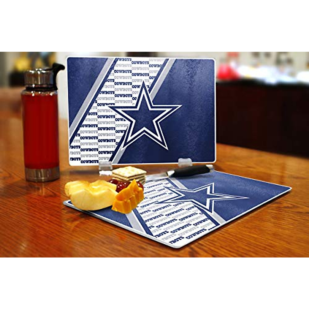 Duck House NFL Dallas Cowboys Tempered Glass Cutting Board with Display Stand, White ,10" X 14"