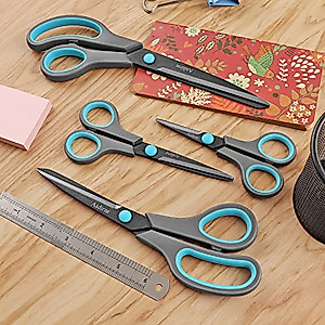 Asdirne Scissors, Teflon Coating All Purpose Scissors , Non-Stick Stainless Steel Blades, Ergonomic Semi-Soft Rubber Grip, Great for Craft, Office, School, Set of 4, 10"/8.5"/6"/5", Blue&Gray
