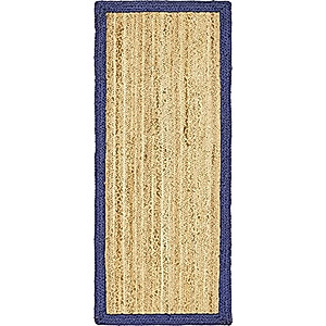 Agro Richer Rug Beige Blue Border Jute Hand Braided Rectangle Shape Home Living Room Living Room Farmhouse Carpet Rag Rug (180 x 240 Cm (6x8 Feet))