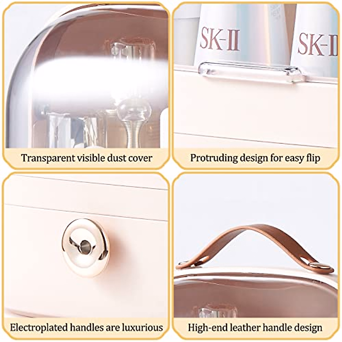 MIUOPUR Large Makeup Organizer with Brush Holder, Cosmetic Display Case with Drawer, Waterproof and Dustproof Transparent Cover, Portable Handle, Suitable for Bathroom and Bedroom -Pink