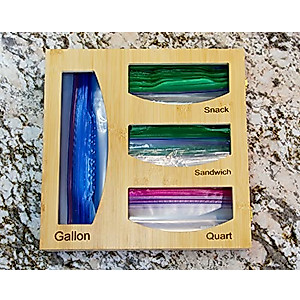 Ziplock Bag Organizer - Stylish Bamboo Zip Lock Storage Organization For Your Kitchen Drawers Cabinet Or Pantry - Wall Mount With Hinge Open Lid And Compression Clasps Great For A Gift