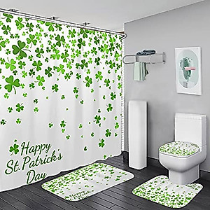 4 Pcs St. Patrick's Day Shower Curtain Sets with Rugs, Irish Gnomes Green Shamrocks Buffalo Plaid Truck Waterproof Shower Curtains for Bathroom with Hooks, Spring Holiday Home Bath Bathtub Decor