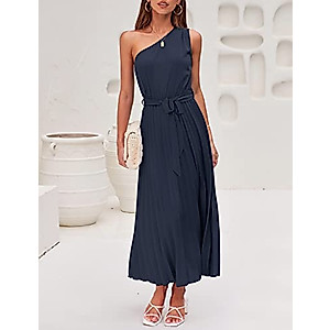 MEROKEETY Womens Sleeveless One Shoulder Pleated Belted Elastic High Waist Formal Midi Maxi Dress,Navy,M