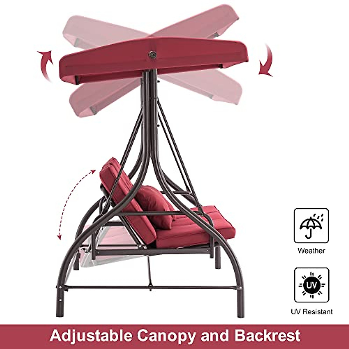 MCombo 3-Seat Outdoor Patio Swing Chair, Adjustable Backrest and Canopy, Porch Swing Glider Chair, w/Cushions and Pillows, 4068 (Burgundy)