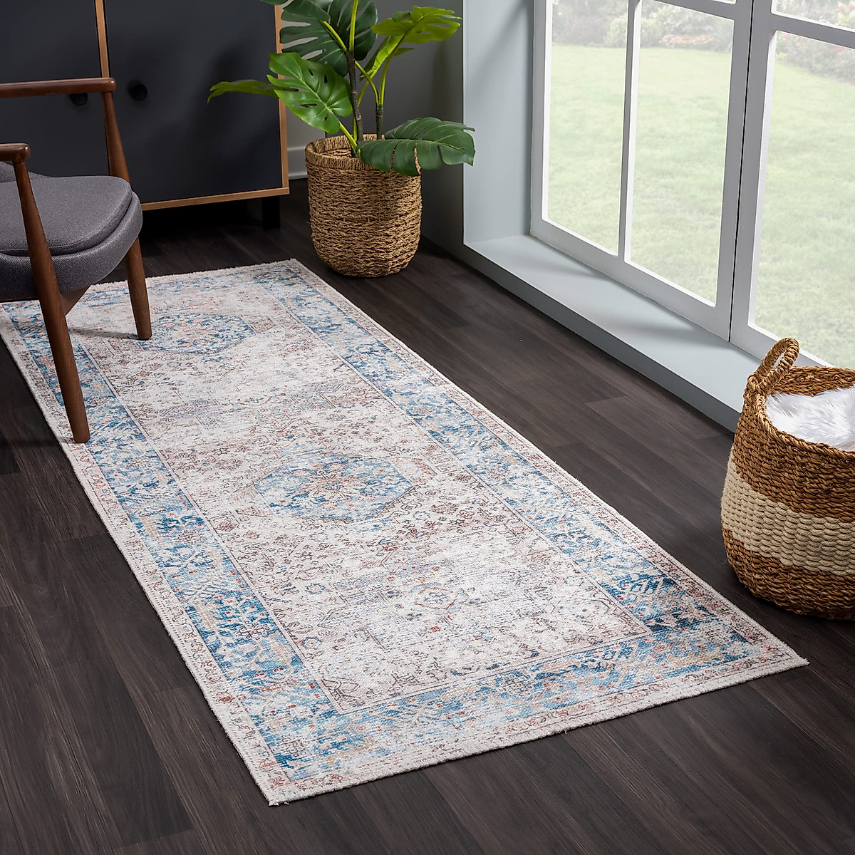 Bloom Rugs Caria Washable Non-Slip 12 ft Runner - Beige/Ocean Blue Traditional Runner for Entryway, Hallway, Bathroom, and Kitchen - Exact Size: 2'6" x 12'