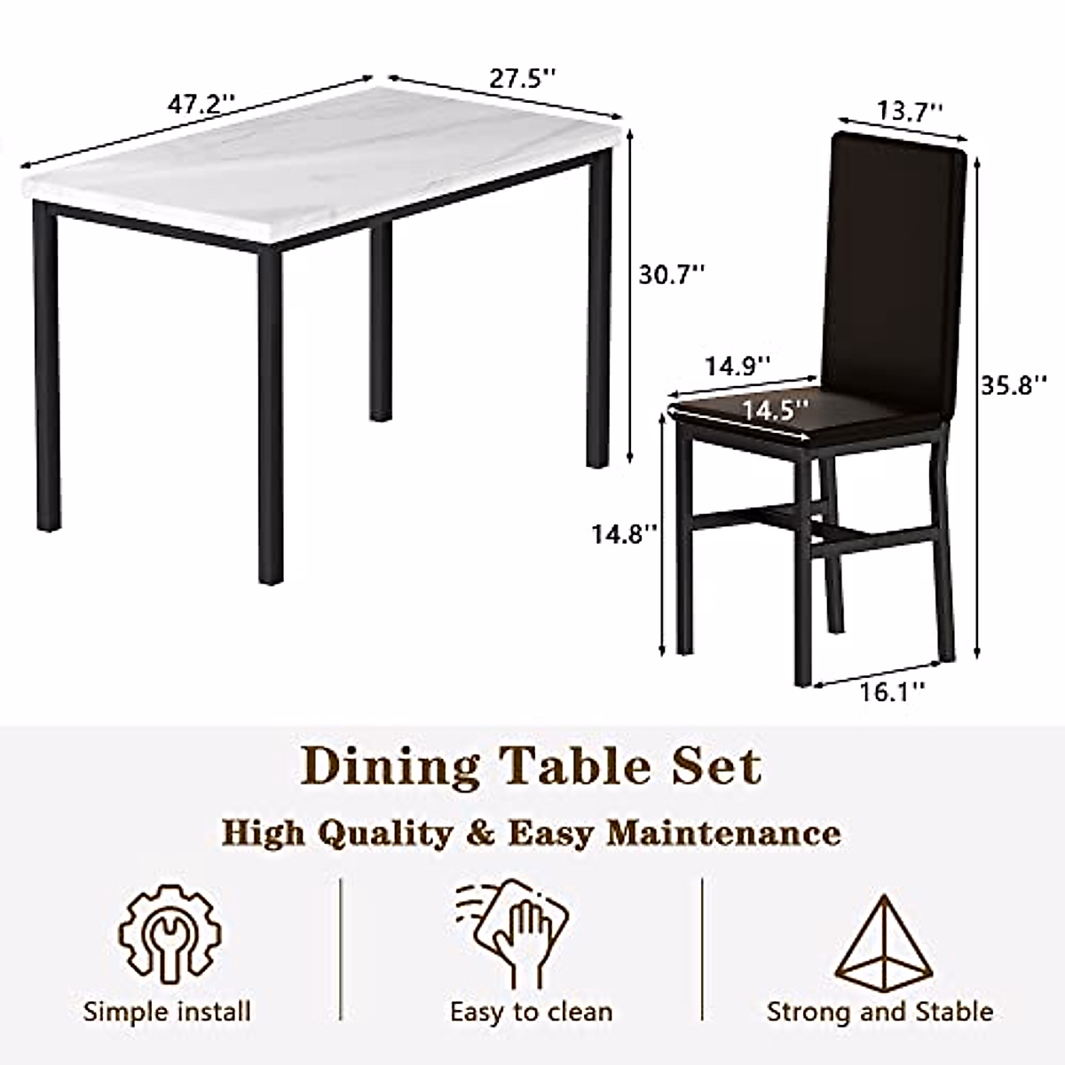 Hooseng Dining Table Set for 4- Space Saving Kitchen Table and Chairs for 4, Modern Style Faux Marble Tabletop & 4 PU Leather Chairs, Perfect for Dining Room,Breakfast Corner Small Spaces,Brown&White