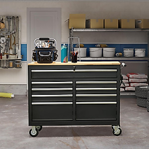 Rolling Tool Chest Cabinet Mobile Tool Storage Cabinet with Rubber Wood Top & 9 Drawers, Rolling Tool Box Heavy Duty Workstation Workbench for Garage, Workshop with Power Strip, 1500lbs Load Capacity