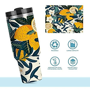 FRCSDIY Leaf Lemon Insulated Tumbler with Handle and Straw Lid,30oz Leakproof Stainless Steel Cup BPA-Free Water Bottle
