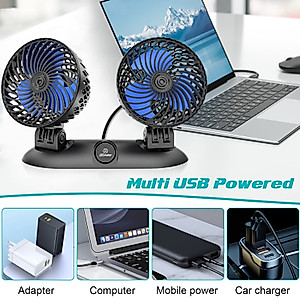 JZCreater Car Fan - Dual Head USB Desk & Portable Vehicle Cooling Fan with Variable Speed & 360°Rotation for Car Dashboard, SUV, RV, Truck, Sedan, Cruise & Office Use, Quiet & Small Fan, Black Blue