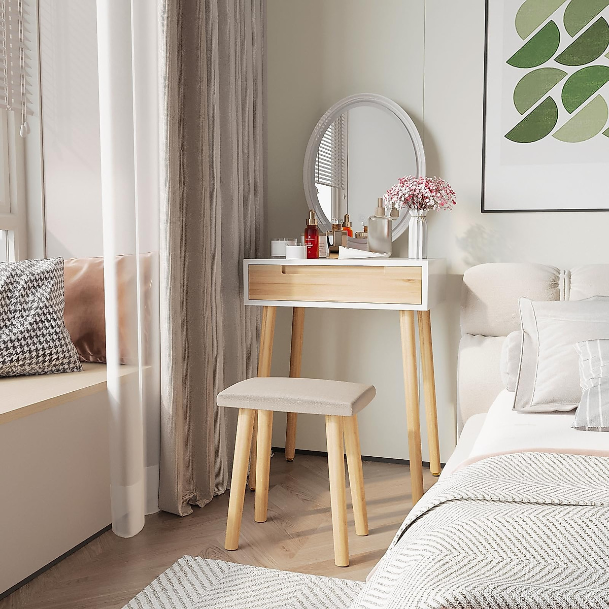 ARTETHYS Small Makeup Vanity Desk with 3 Adjustable Lighted Mirror and Chair, 24 Inch Makeup Vanity Table with Big Drawer Wooden Frame for Small Space