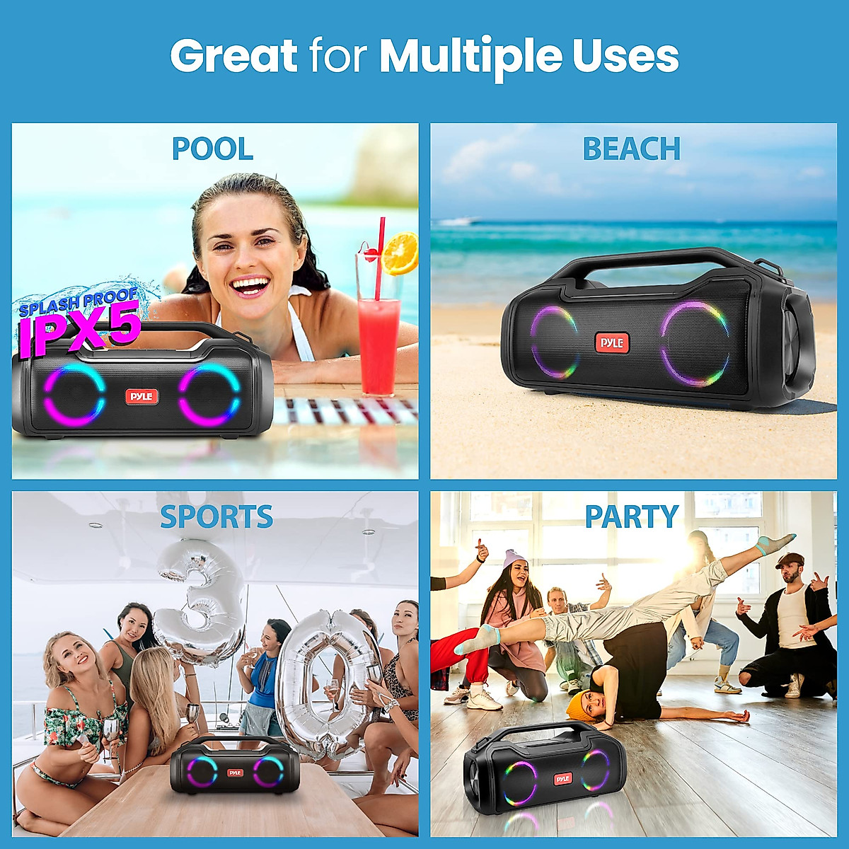 Pyle Wireless Portable Bluetooth Boombox Speaker - 40W 2Ch Waterproof Rechargeable Speaker Loud Stereo System w/ Google Assistant / Siri Voice Control, TWS Function, Micro SD, RGB Lights - PBMKRG155
