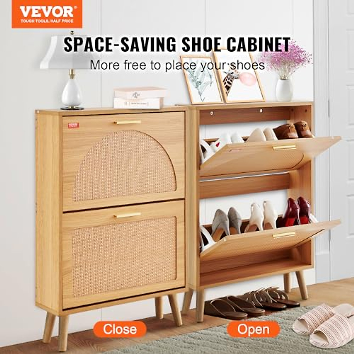 VEVOR Shoe Cabinet with 2 Flip Drawers, Shoe Storage Cabinet for Entryway, Free Standing Shoe Storage Organizer with Rattan Doors for Heels, Boots, Slippers in Hallway, Living Room