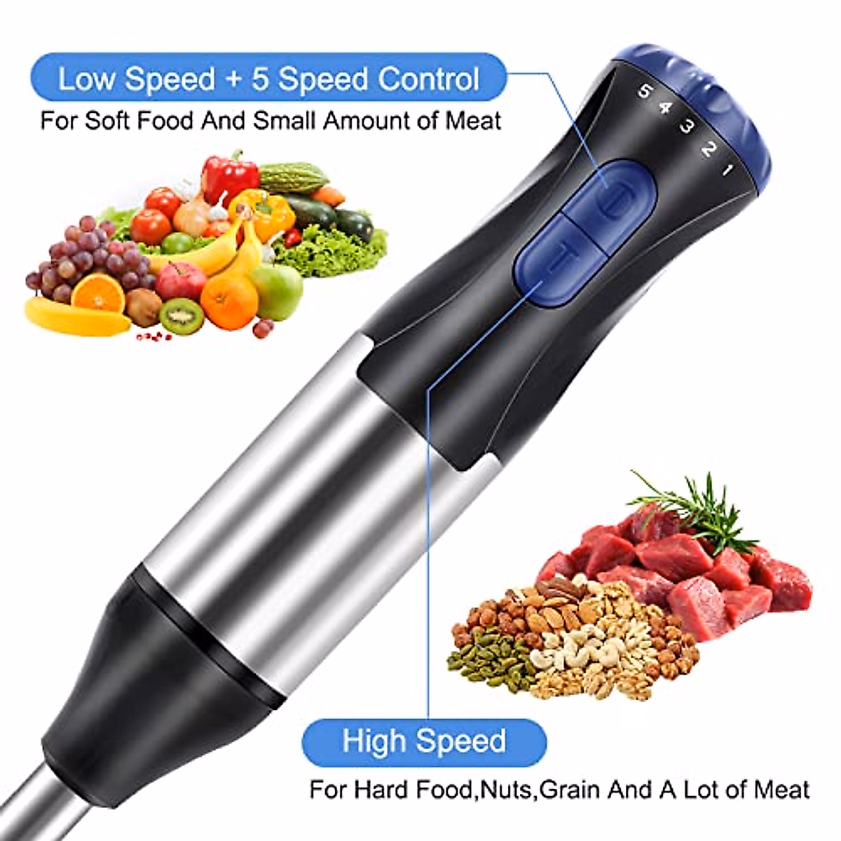 Bemkop Immersion Blender 1000 Watts -Multi-Purpose Handheld Blender with Whisk, Chopping Bowl, Mixing Beaker Attachments, Variable Speed Control