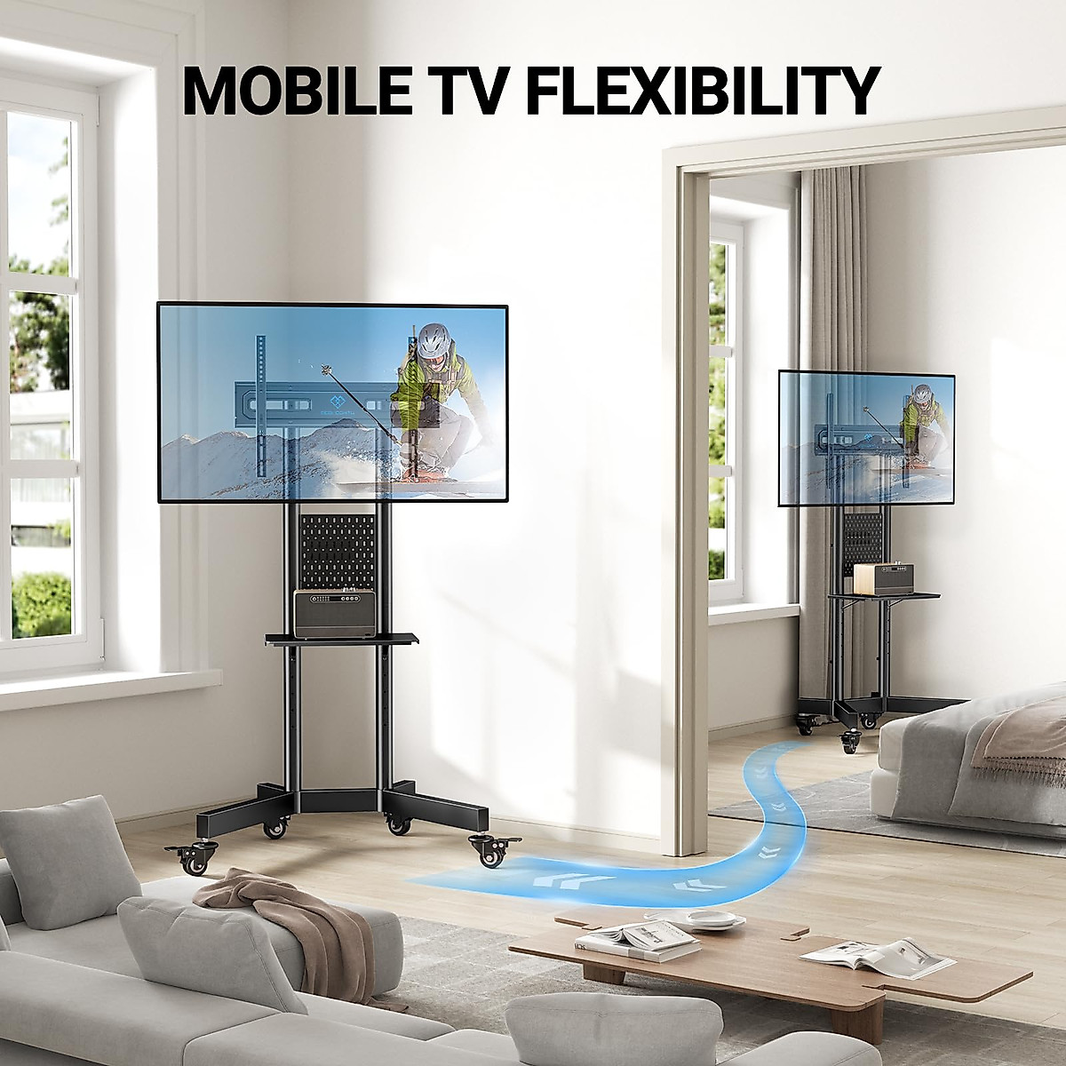 Mobile TV Cart with Wheels for 32-85 Inch Flat Curved Screen TVs- UL Certificated Height Adjustable Rolling TV Stand Hold Up to 132 lbs- Trolley Floor Stand with Tray Max VESA 600x400mm PSTVMC01