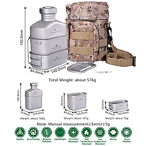 Boundless Voyage Titanium Military Canteen Cups Set Outdoor Camping Hiking Water Bottle Bowl Cooking Set Mess Kit (Ti15158B (Canteen+2cups set))