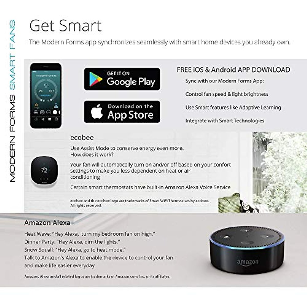 Vortex Smart Indoor and Outdoor 3-Blade Ceiling Fan 60in Gloss White with Remote Control works with Alexa, Google Assistant, Samsung Things, and iOS or Android App