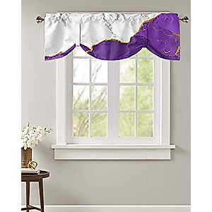 Tie Up Valance 18 Inches Long Wild Marble Pattern Gold Purple White Ombre Adjustable Top Shade Valance for Kitchen Window Treatments Rod Pocket Short Valances for Living Room Kids Room 60x18" 1 Panel