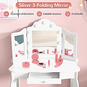 AKUSTIK Kids Vanity with Lights, 2 in 1 Wooden Dressing Table and Chair Set with Tri-Folding Mirror, Stool, Storage Drawer, Toddlers Pretend Princess Beauty Playset Toy Gift for Little Girls