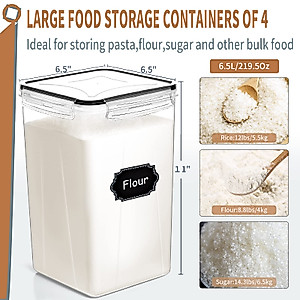 PRAKI Extra Large Tall Airtight Food Storage Containers 6.5L / 220oz, BPA Free, 4pcs Pantry Kitchen Organization Set for Flour, Sugar, Baking Supplies, Plastic Flour Container with 20 Labels & Maker