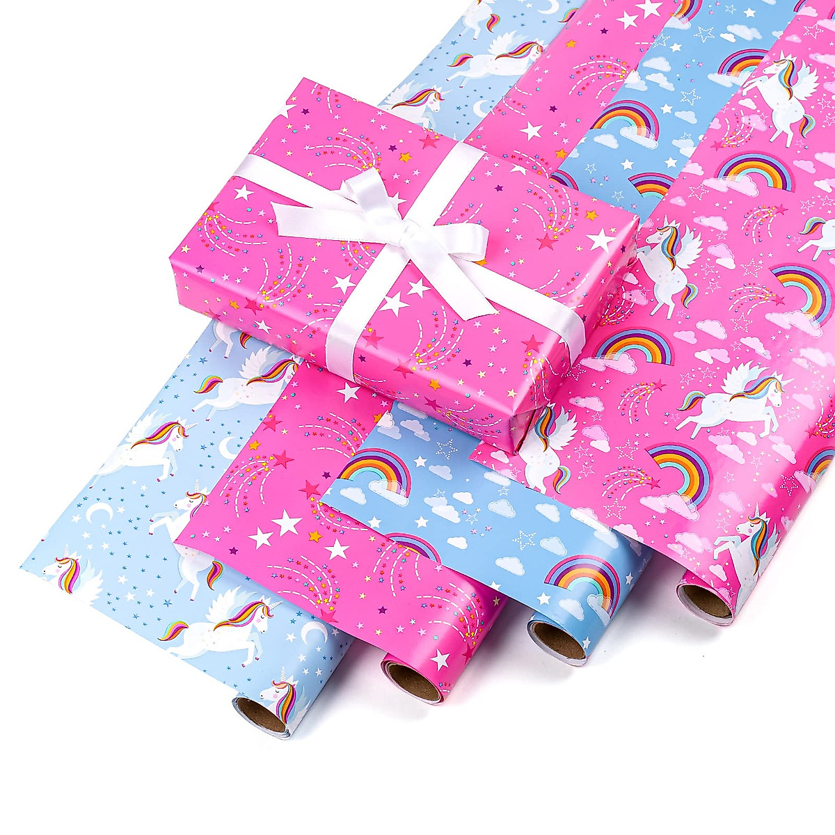 LeZakaa Unicorn Wrapping Paper Roll - 40 x 120 inches per Roll - Unicorn with Clouds and Moon/Rainbow/Star Print for Baby Shower, Kids Birthday - 4 Rolls