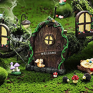 Jetec 21 Pieces Fairy Door and Window, Trees with 2 Window and Light Yard Sculpture Decoration for DIY Micro Landscape Ornament Kid Room, Wall and Tree Outdoor Miniature Fairy Garden Accessories