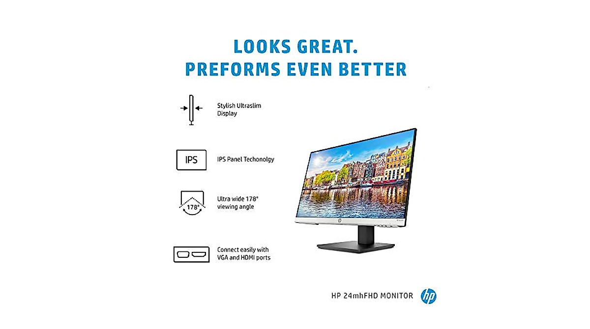 HP 24mh FHD Monitor: 23.8" IPS, Built-in Speakers, Ergonomic