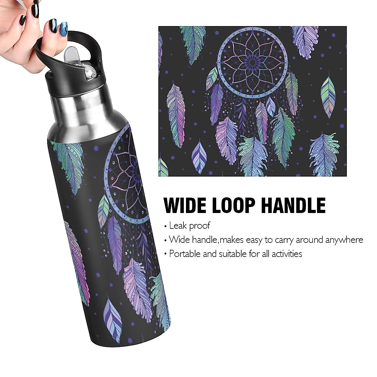 Yasala Water Bottle Dream Catcher Purple Feather Coffee Thermos Stainless Steel Insulated Beverage Container 20 oz with Straw Lid BPA-Free for Sport, Travel, Camping, Back to School