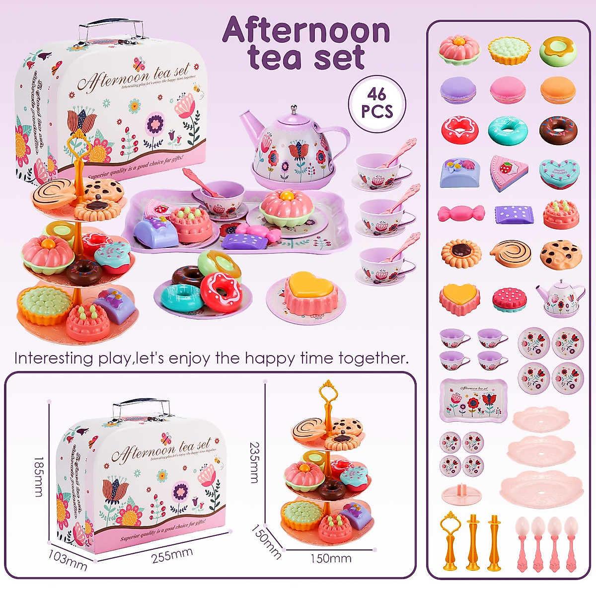 MAMPO 46PCS Tea Set for Little Girls, Princess Tea Time Pretend Kitchen Toy with Biscuits, Teapot, Cake, Dessert, Carrying Case, Donut for Kids Girls Boys