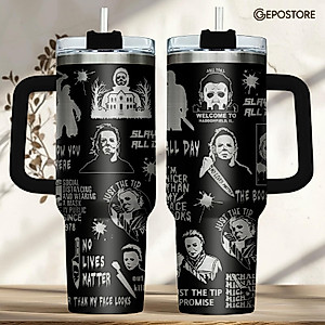 GEPOSTORE Movie Lover Gifts, Horror Movie 40 oz Laser Tumbler Handle and Straw, Horror Characters Tumblers Cup, Halloween Mug, Birthday Gifts for Movies Fans