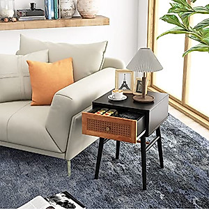 Giantex Rattan Nightstand Set of 2, Boho End Side Table with Rattan Decorated Storage Drawer & Solid Wood Legs, Mid-Century Modern Bedside Table for Bedroom Small Space, Easy Assembly, Black