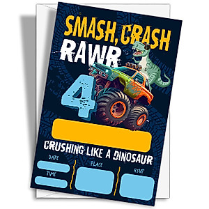 YQV Dinosaur Truck 4th Birthday Party Invitations, 20-Count Dinosaur Birthday Party Invites With Envelopes-HBYQK-B29